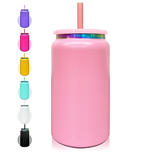 Glass Cups with Lids and Straws, 16 oz Stainless Steel Cups, Insulated Skinny Tumbler, Powder Coated Travel Mugs for Laser Engrave, Iced Coffee Cup for Smoothie Water DIY Gift (Pink,1 pack)