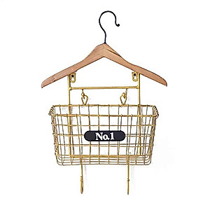 PIBM Stylish Simplicity Shelf Wall Mounted Floating Rack Shelves Retro Iron Art Solid Wood Basket Child Hangers Flower Stand,2 Sizes,2 Colours, Gold , 35.5x67cm
