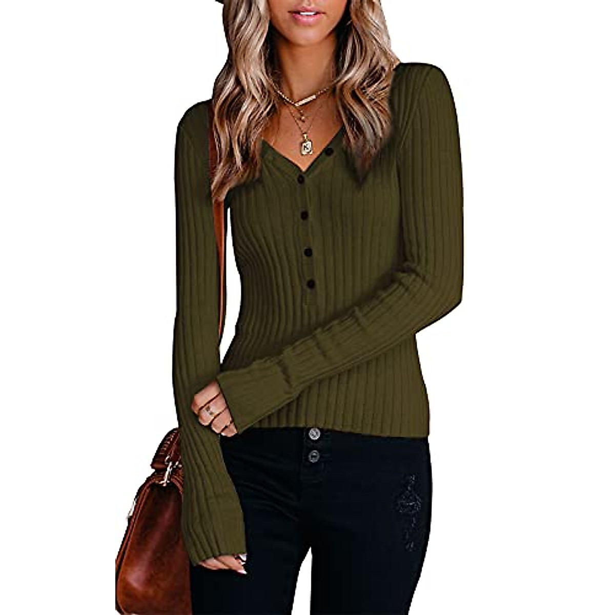 PRETTYGARDEN V Neck Sweater Women - Long Sleeve Sexy Knit Pullover Sweaters (Green, Large)