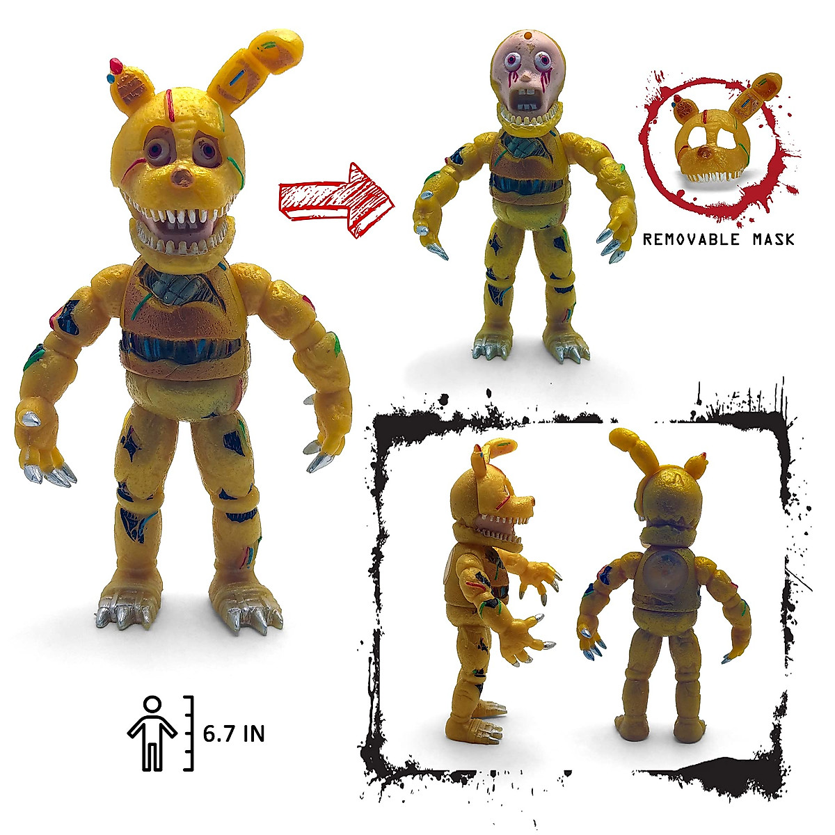 Toysvill Inspired by Five Nights at Freddy Game Action Figures Toys (FNAF) Toy, Set 6 pcs, Height 6in [Nightmare Foxy, Freddy, Bonnie, Fazbear, Chica and Human Security] with Masks