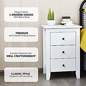 Safeplus Nightstand, Side Table with 3 Drawers, Bedroom Side Storage Cabinet Wooden End Table Accent Table Solid Wood Legs (White, 2 Pics)