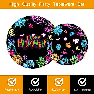 96 Pcs Neon Halloween Party Supplies for 24 Guests Spooky Costume Tableware Plates Napkins Glow Party Dinnerware Table Decorations Happy Halloween Party Favor for Kids Teen Adult