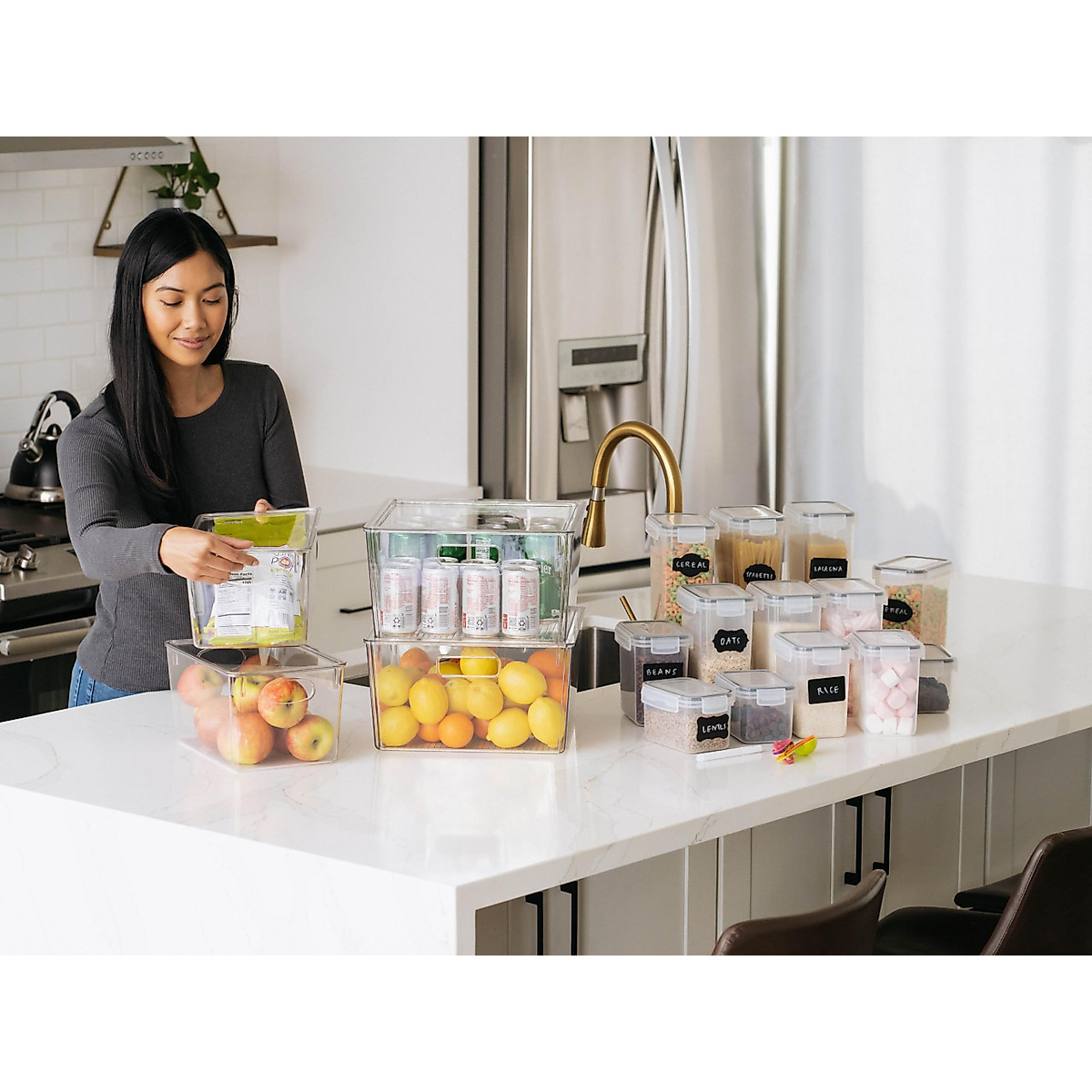 BellaCasa Essentials Airtight Food Storage Containers with Lids, 24 pcs Plastic Kitchen and Pantry Organization for Cereal, Dry Food, Sugar and Snacks, BPA free Includes Spoon, 24 Labels, Marker