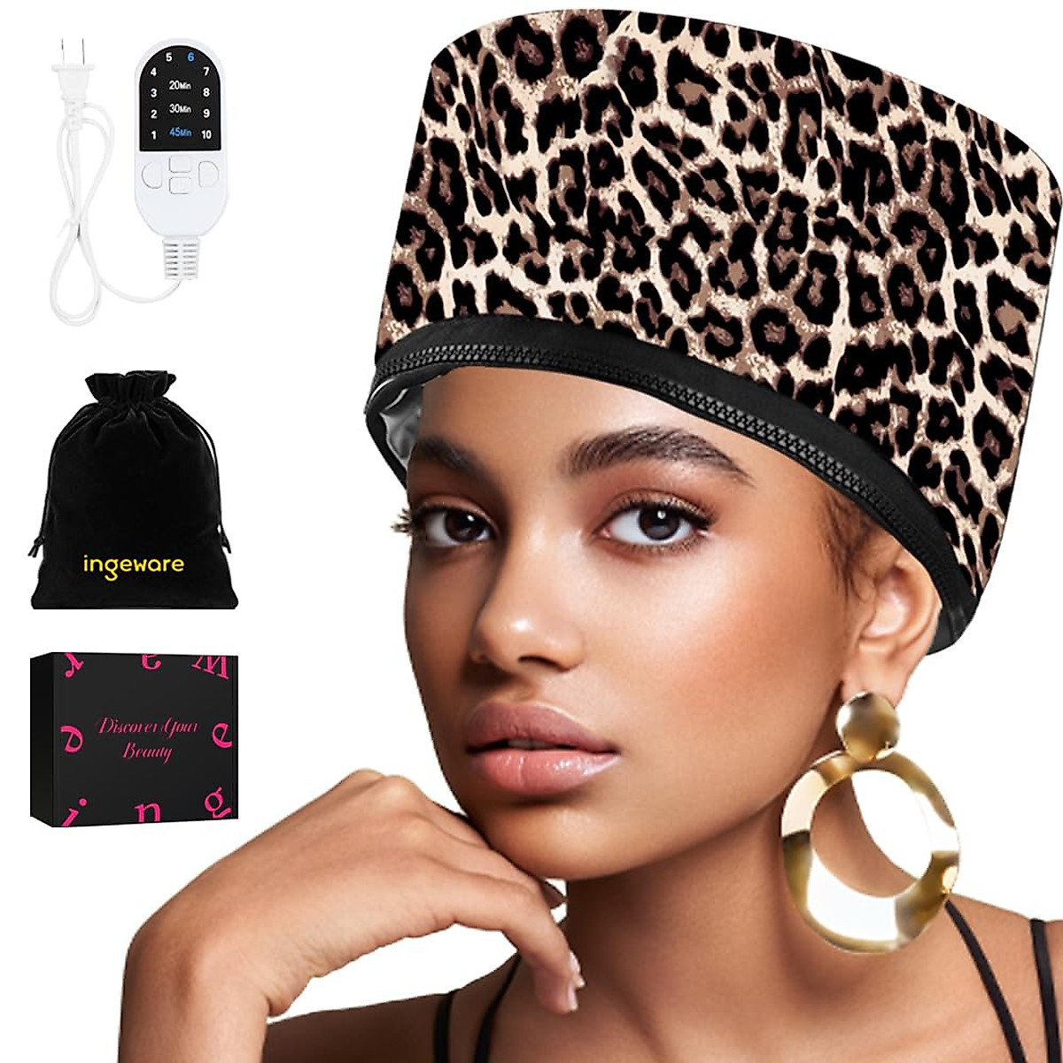 Heat Cap for Deep Conditioning, Ingeware Thermal Cap for Hair Steamer Cap for Natural Hair Portable Electric Heat Hair Spa Cap for Home Use Pattern (Leopard Print)