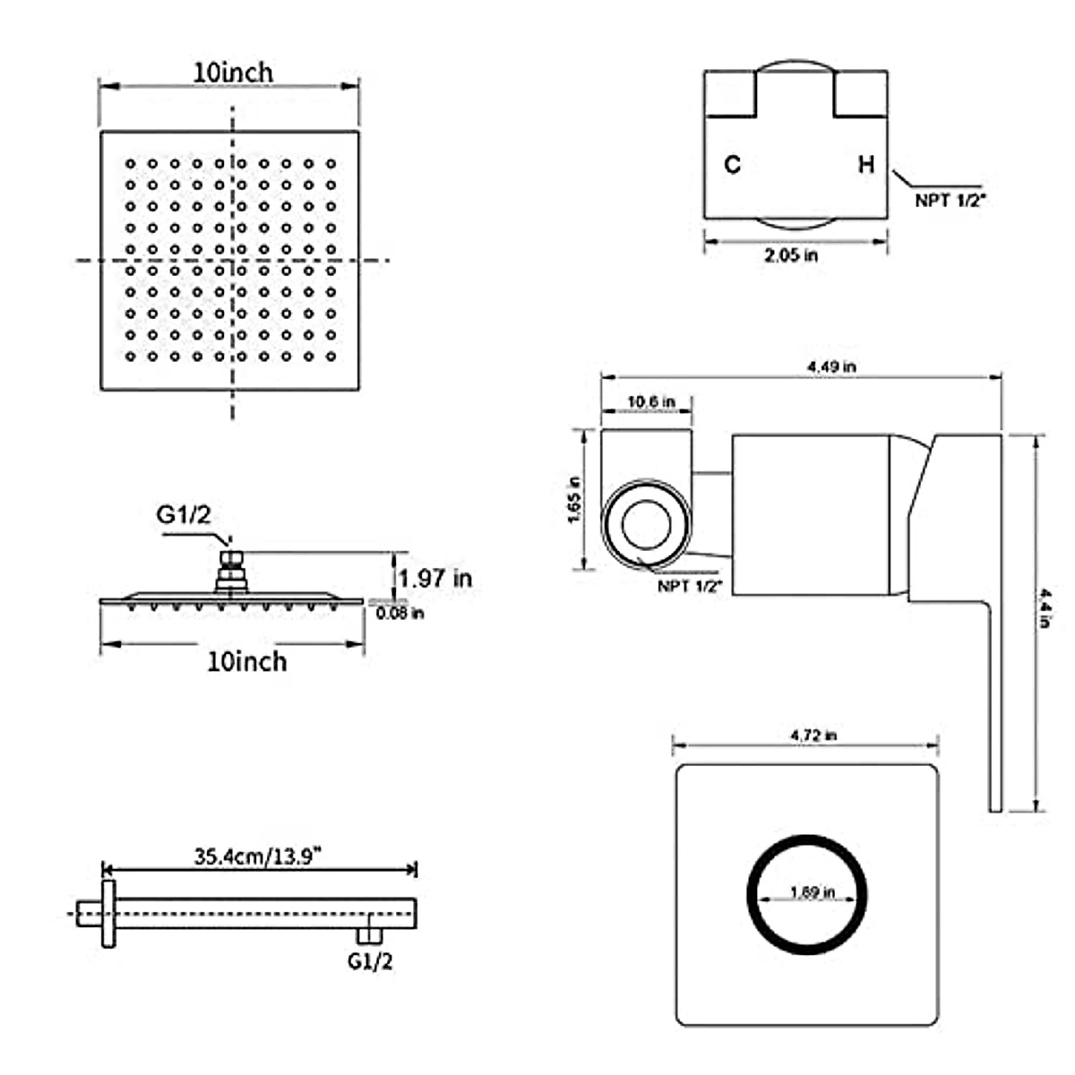 Brushed Gold Shower Faucet GGStudy Single Function Shower Trim Kit with Rough-in Valve Shower Set Bath Rainfall Shower Faucet System 10 inch Square Stainless Steel Metal Shower Head