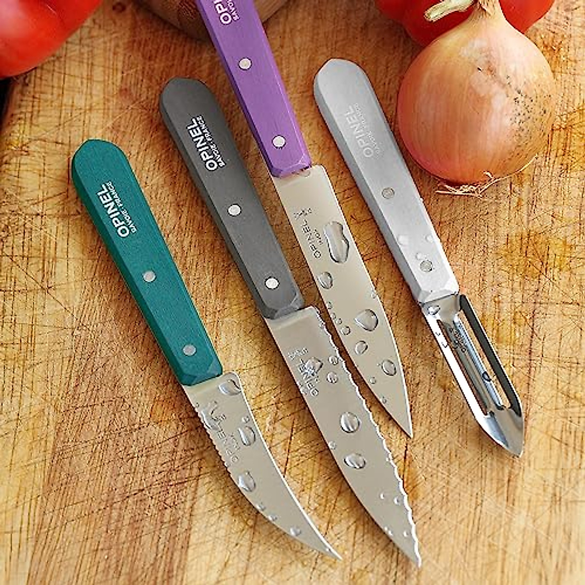 Opinel Les Essentials Small Kitchen 4 Piece Knife Set - Paring Knife, Serrated Knife, Peeler, Vegetable Knife, Corrosion Resistant High Carbon Steel, Made in France (Art Deco)