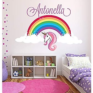 Unicorn Wall Decal Art Custom Name Wall Decals Girls Bedroom Nursery Rainbow Wall Decor Removable Vinyl Wall Stickers ND19 (24"W x 18"H inches)
