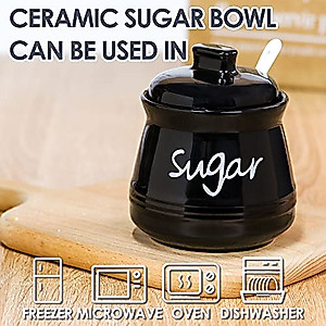 Swetwiny Porcelain Sugar Bowl with Lid and Spoon, 12 Ounces Ceramic Sugar Storage Jar, Sugar Container for Home and Kitchen (Black)