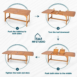 MFSTUDIO 7 Pieces Patio Dining Set, Outdoor Table Chairs Set for 6, 1 x Rectangular Expandable Acacia Wood Table, 6 x Wood Dinging Chairs with Removable Cushions for Garden, Backyard, Porch