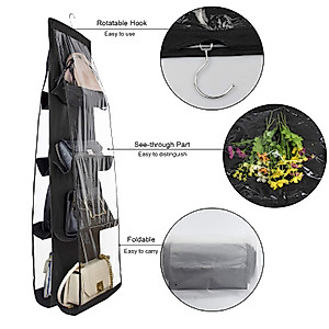 EsLuker.ly 2Pcs Hanging Purse Bag Organizers with 8 Large Easy Access Pockets, Premium Clear Handbag Storage Holder Space Saving Organizer System for Closet Wardrobe (Black)