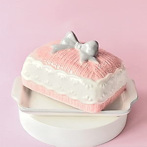 Aebor Ceramic Butter Dish with Bow tie No Slip Lid & Handle, for Counter or Fridge, Covered Butter Tray Holder For Butter Storage, Pink