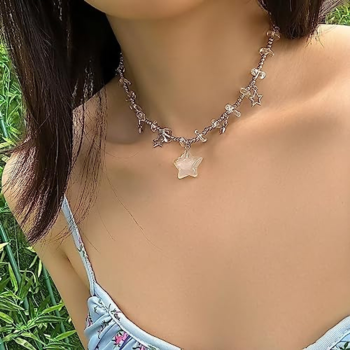 Azusa Sun Transparent Star Charms Pendant Choker Y2K Healing Crystal Necklace Summer Jewelry with Silver Chains for Teen Girls Women