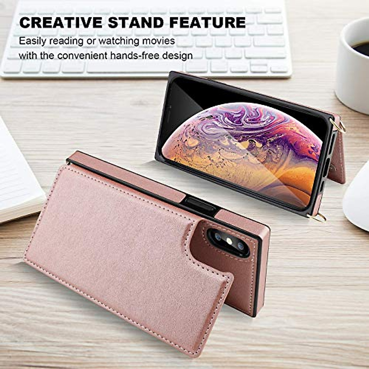 Bocasal Crossbody Wallet Case for iPhone Xs Max Credit Card Holder PU Leather Kickstand Shockproof Detachable Cross Body Strap Lanyard Magnetic Closure 6.5 inch(Rose Gold)