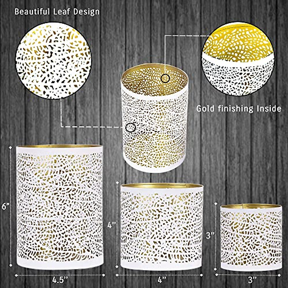 Lazy Gifts Set of 3 White and Gold Metal Decorative Nesting Hurricane Candle Holders. Elegant Style Centerpiece - add Accents to Weddings, Functions and Home décor with These Large Candle Holders