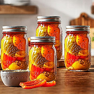 Regular Mouth Mason Jars 16 oz - (4 Pack) - Ball Regular Mouth Pint 16-Ounces Mason Jars With Airtight lids and Bands - For Canning, Fermenting, Pickling, Freezing, Storage + M.E.M Rubber Jar Opener
