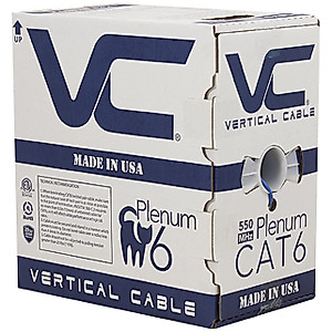 Vertical Cable CAT6, 550 MHz, UTP, 23AWG, 8C Solid Bare Copper, Plenum, 1000ft, Bulk Ethernet Cable - Made in USA, Blue