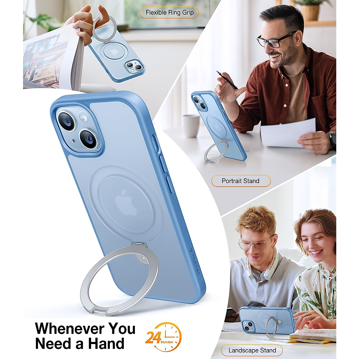 TORRAS Magnetic Shockproof for iPhone 13 Case/iPhone 14 Case, [Exceed 3X Mil-Grade Drop Protection][Compatible with MagSafe] Built-in Foldable Stand Slim Yet Protective Phone Cover, Translucent Blue