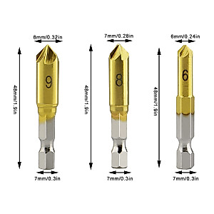 Countersink Drill Bit Set 3 Pcs 5 Flute Counter Sinker Drill Bits Tools HSS 1/4" Hex Shank for Wood Metal Quick Change 6mm 8mm 9mm(Small)