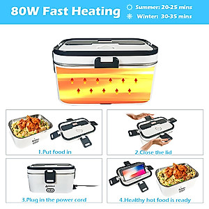 PHIWILLS 80W Electric Lunch Box 1.8L Container Food Warmer Heater, 12V/24V/110V Heated Lunchbox for Car/Truck/Work with 0.45L Compartment, Stainless Steel Spoon & Fork, Insulated Bag