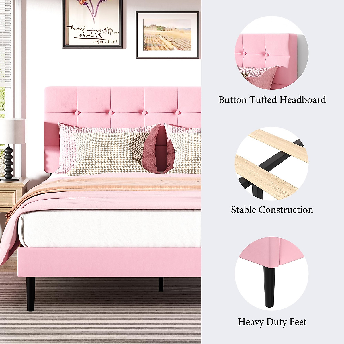 UNIZONE Full Size Bed Frame with Button Tufted Upholstered Headboard, Velvet Platform Bed with Wood Slats Support, Mattress Foundation, No Box Spring Needed, Easy Assembly, Pink