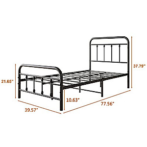 Elegant Home Products Vintage Twin Size Bed Frame with Headboard and Footboard Mattress Heavy Duty Metal Platform, Steel Slat Support (Twin, Black Sanded)