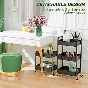 LEHOM 3 Tier Rolling Utility Cart, Metal Trolley Cart with Wheels, Hooks, Easy Assembly Organizer Storage Cart for Bathroom, Kitchen, Office, Bedroom(Black)