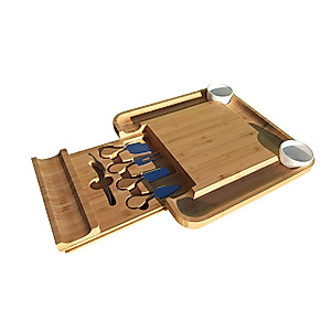 Premium Bamboo Cheese Board with Stainless Steel Knife Set and Ceramic Cups | Great Gift Idea | Size 13.3'' x 13.3'' x 2.2''