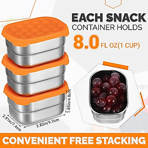Hsei 6 Pcs Stainless Steel Snack Containers, 8oz Food Containers with Silicone Lids Portable Reusable Metal Lunch Box for Daycare and Storage(Orange)