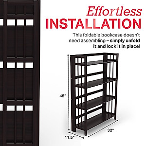Stony Edge 4-Tier Folding Bookshelf | Espresso Wood Finish | 45x32x11.5 Inches | Book Shelf for Books and Trinkets | No Assembly Required | Foldable & Small Bookshelf for Home and Office
