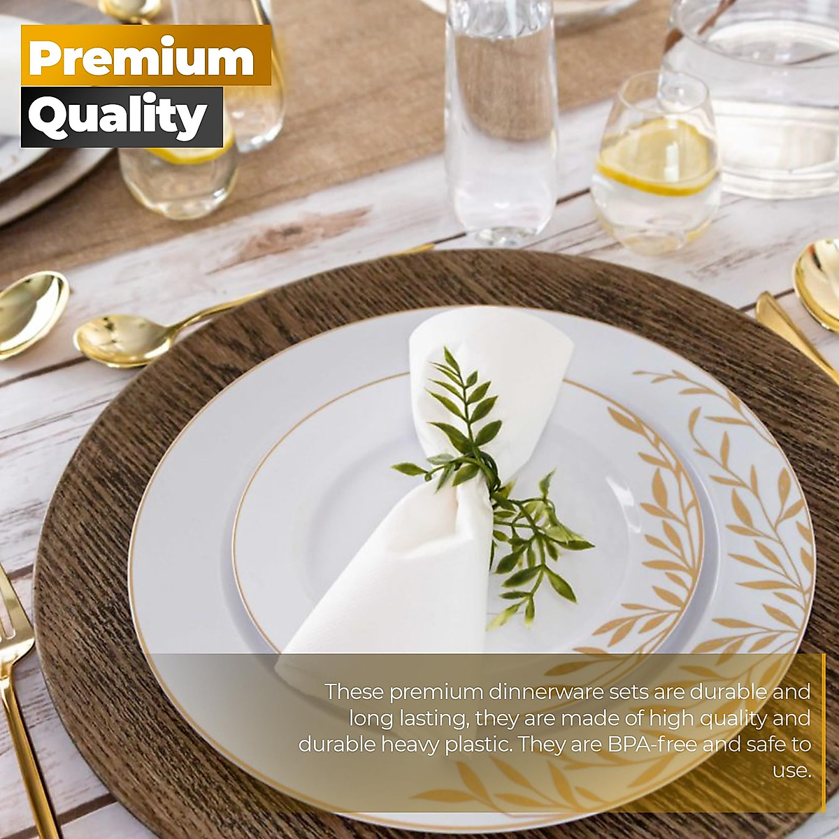 PLASTICPRO 32 Pack Elegant Disposable Plastic Plates Combo Set Includes 16 Dinner Plate and 16 Salad Plate Heavy Duty Fancy Party White & Gold Flower Design