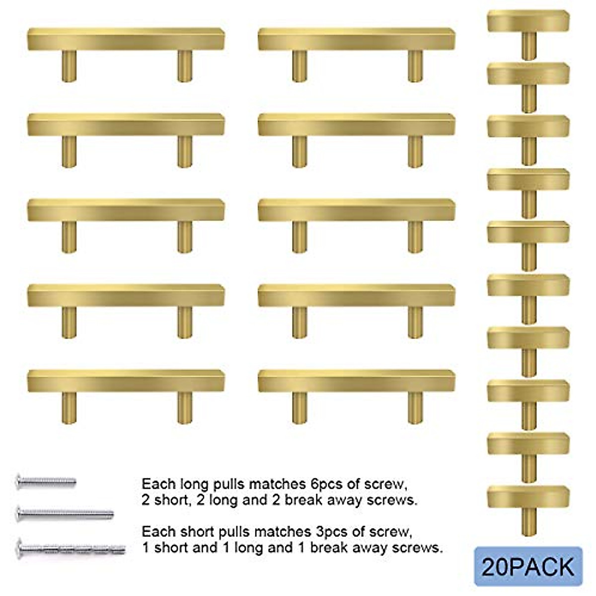 SUNRIVER 20 Pack Hollow Brushed Brass Golden Square Bar Cabinet Handles Pulls 10pcs Gold Hardware Cabinets Pulls 5" and 10pcs Stainless Steel 2" Cabinet Handles T Bar Pulls for Bathroom