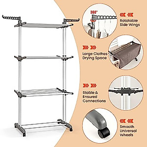 Tangkula 4-Tier Clothes Drying Rack, Collapsible Laundry Rack Stand with 2 Hanger Holders, 3 Tier Retractable Trays, 1 Bottom Shoe Rack, Movable Garment Drying Station with 4 Castors (Silver)