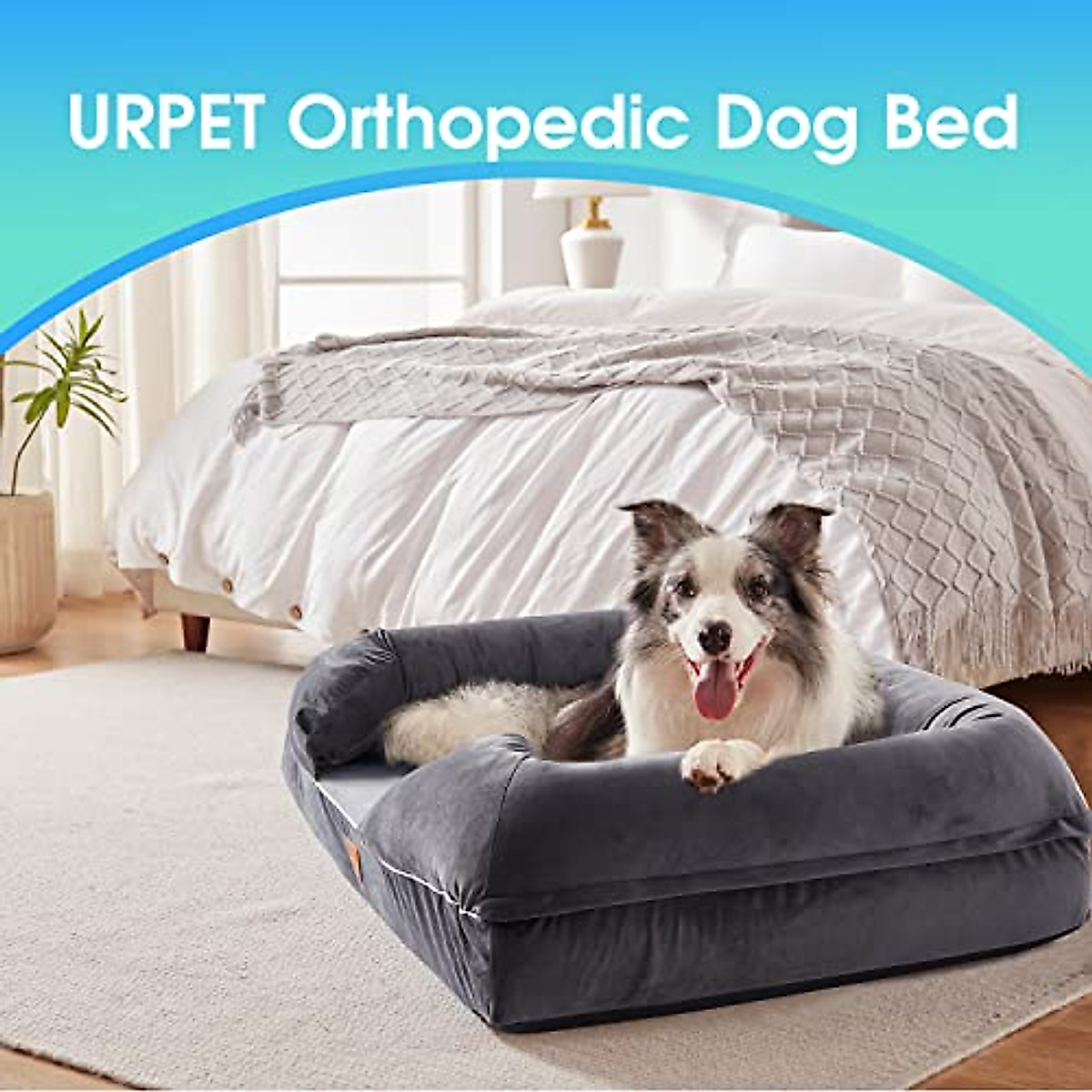 URPET Orthopedic Dog Bed Full Memory Foam Dog Beds for Large,Extra Large and Jumbo Dogs Bolster Pet Couch Bed with Removable Machine Washable Cover, Waterproof Liner and Durable Zipper (Grey,36x28)