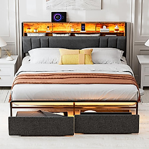 IKIFLY California King Bed Frames with Dustproof Storage Drawers, Ergonomic Hidden Storage headboard with Charging Station, Upholstered LED Cal King Platform Bed, No Box Spring Needed, Dark Grey