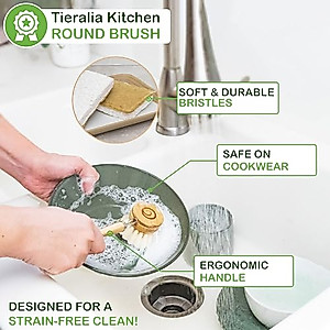 Tieralia 5-Piece Eco-Friendly Bamboo Dish Brush Set with Compostable Wood Pulp Sponges | Bamboo Kitchen Cleaning Set