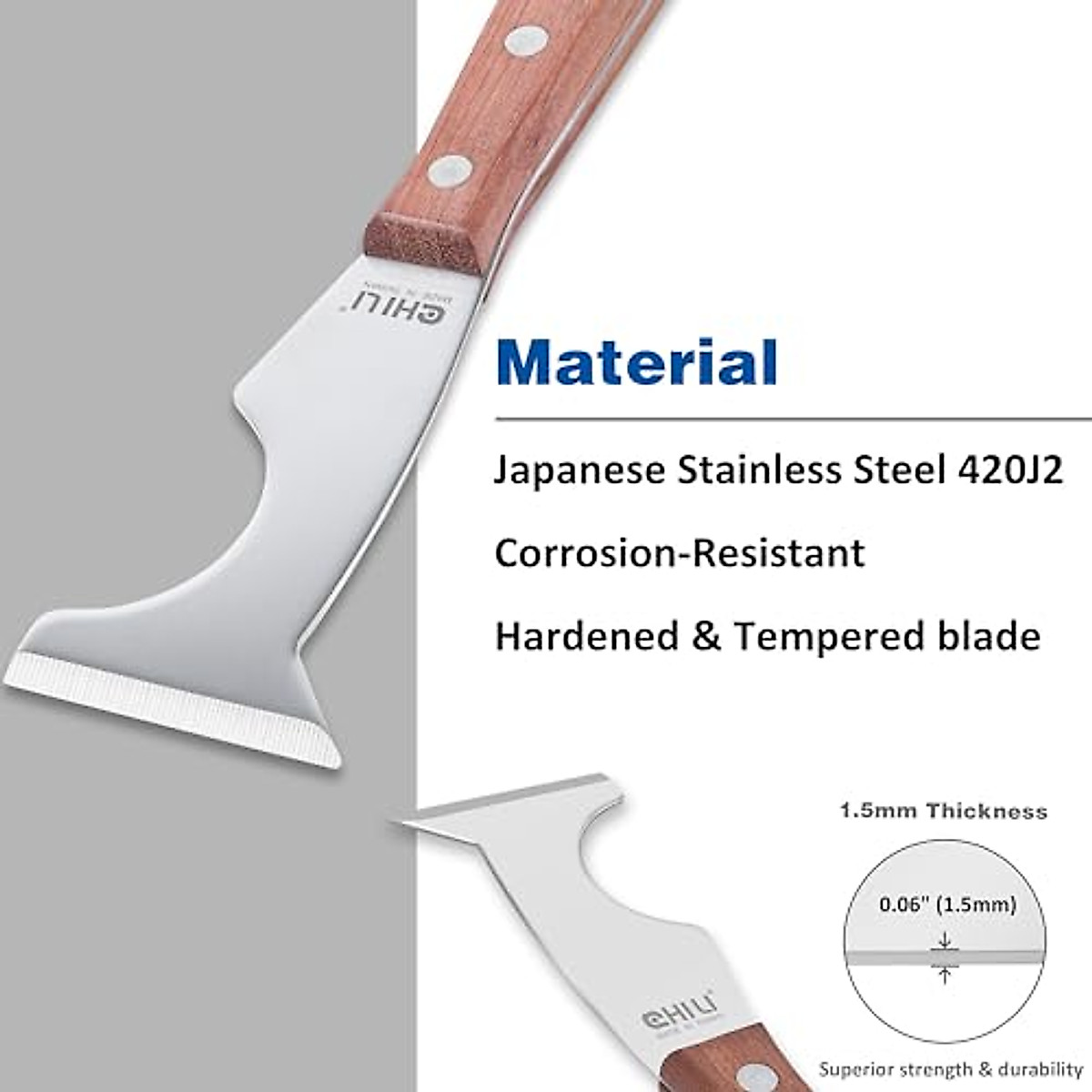 CHILI TOOLS Stainless Steel 5 in 1 Painters Tool with Wood Handle and Metal Hammer End, Made in Taiwan | Spackle Caulk Remover | Roller Cleaner | Putty Knife | Wallpaper Scraper | Can Bottle Opener