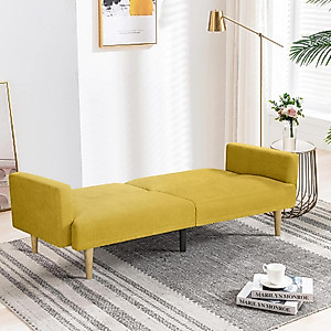 Tilly Lin Multi-Functional Futon Sofa Bed :Tapered Wood Legs - Ideal for Small Living Rooms - Multi-Color Fabric Options - Easily Converts to Single Bed, Yellow