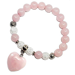 Pink Heart Charm Bracelet REAL Natural Stones Rose Quartz and Cracked Quartz Birthstone Women Bracelet Yoga Chakra Bracelet Anti-Stress Anti-Anxiety Gemstones Jewerly (quartz cracked rose qtz)