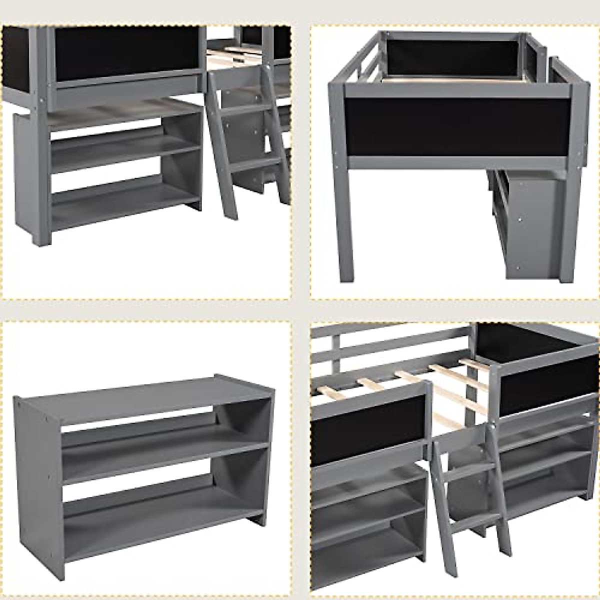 Low Loft Beds with 2 Movable Shelves Twin Loft Bed Frame with Chalkboard Modern Farmhouse Junior Bed for Kids Boys Girls, Gray