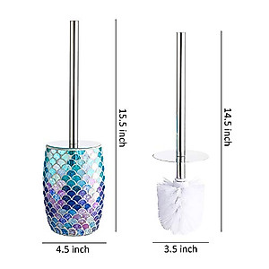 WHOLE HOUSEWARES | Bathroom Wastebasket | Mermaid Glass Mosaic Decoration and Bathroom Accessories Toilet Brush Set - Blue Toilet Bowl Brush and Holder (Fan Shape)