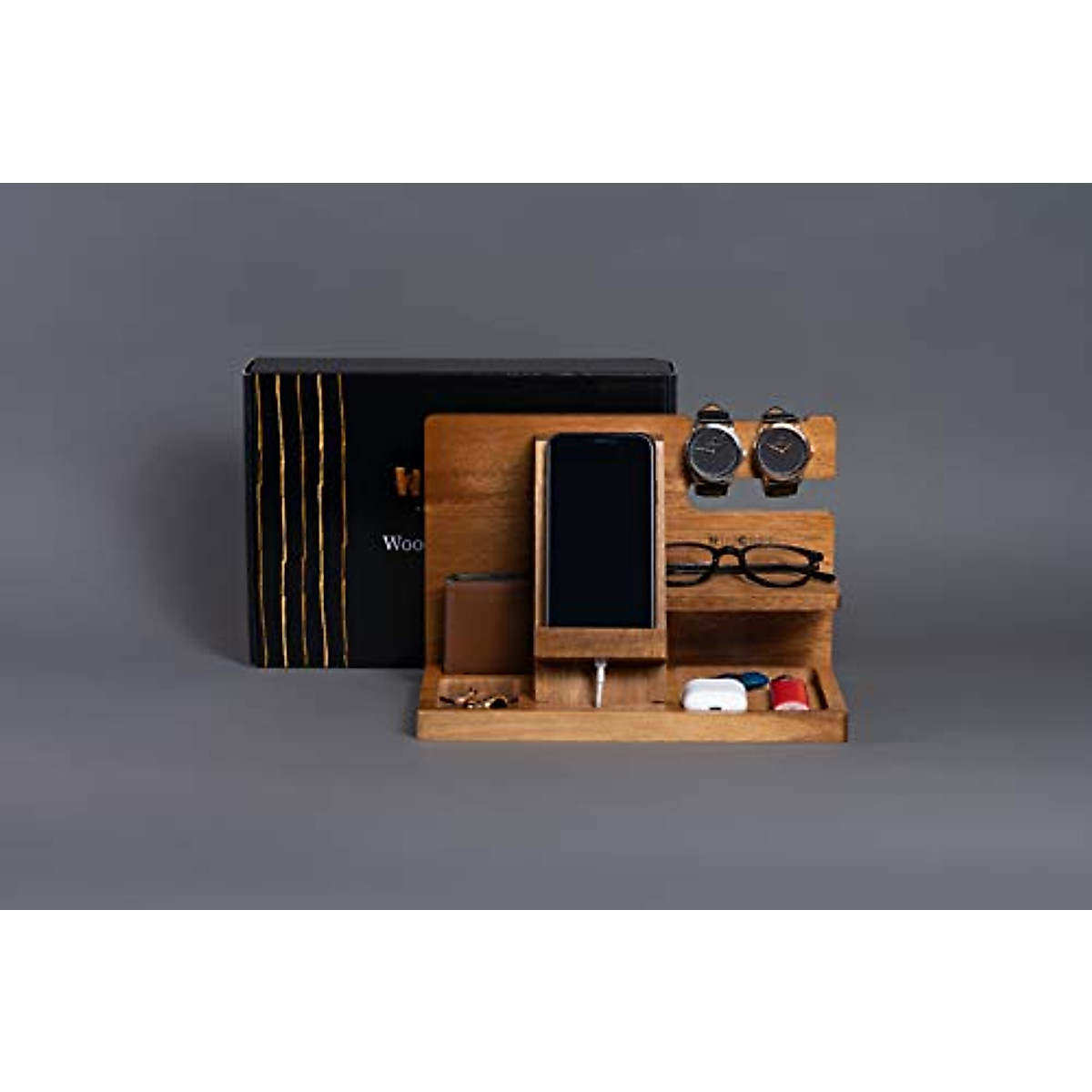 WUTCRFT - Wooden Phone Docking Station/Bedside Nightstand Organizer with Watch, Glasses, Wallet and Accessories Holder, Perfect as a Desk Organizer, Birthday gift, or Gifts for Men