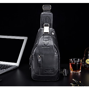 BULLCAPTAIN Genuine Leather Men's Sling Shoulder Backpack Multi-pocket Crossbody Chest Bags Travel Hiking Daypack with Earphone Hole (Black)
