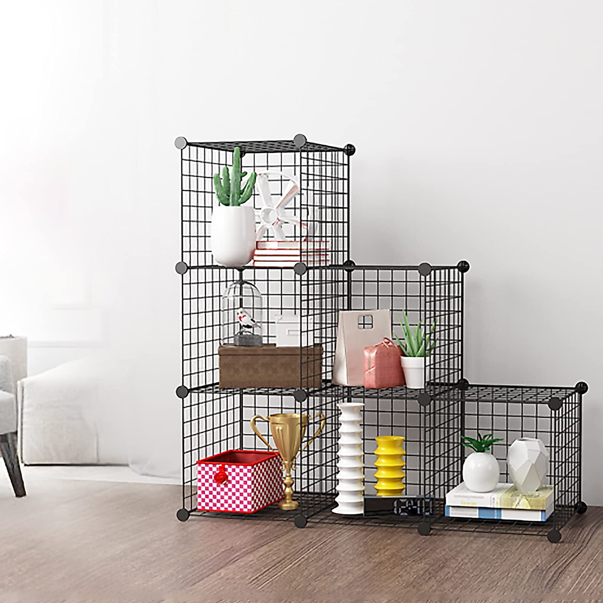Cedilis Cube Storage Organizer, 6-Cube Wire Storage Shelves, Metal Grids Book Shelf Bookcase, Cube Closet Organizer, Modular Shelving Units for Living Room, Bedroom, Home, Office, Black