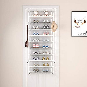 FKUO 10-Tier Over The Door Shoe Organizer Hanging Shoe Storage with 2 Customized Strong Metal Hooks for Closet Pantry Kitchen Accessory - Space Saving Solution (10 Layer, White&Hooks)