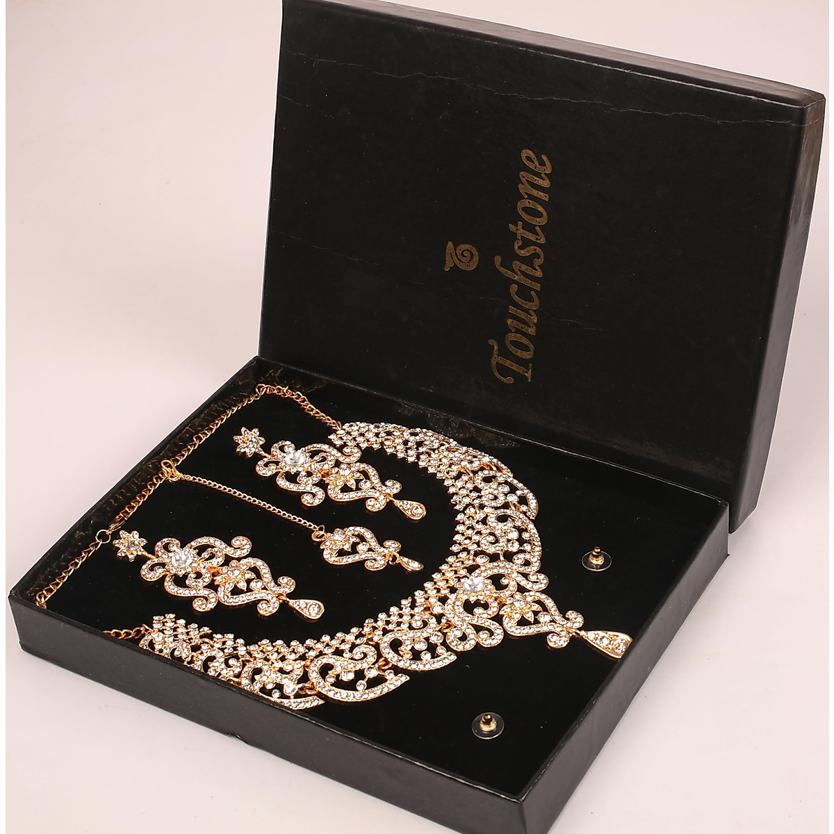 Touchstone Indian jewelry set for women bollywood gold jewellery wedding outfits necklace sets earrings bridal maang tikka fancy costume girls ethnic big desi accessories rhinestone in gold tone