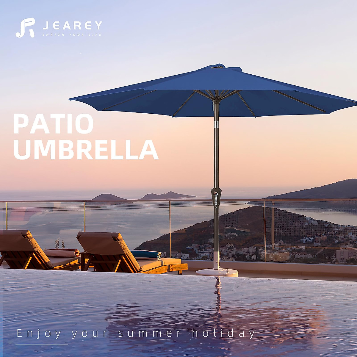 JEAREY 9FT Outdoor Patio Umbrella Outdoor Table Umbrella with Push Button Tilt and Crank, Market Umbrella 8 Sturdy Ribs UV Protection Waterproof for Garden, Deck, Backyard, Pool (Dark Blue)