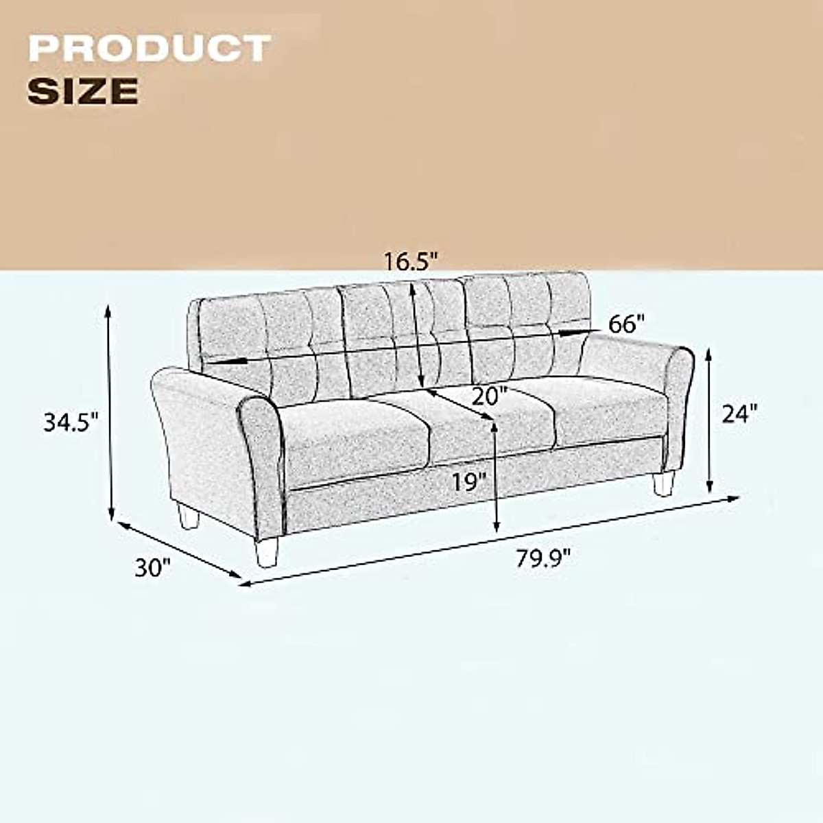 kevinplus Sofa Couch for Living Room, Modern Linen Upholstered Sofa Couch Furniture for Home or Office (3-Seat, Grey)