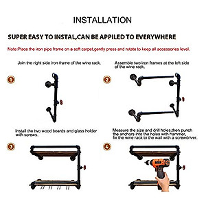 Industrial Wall Mounted Wine Racks with 4 Stem Glass Holder,24inch Rustic Metal Hanging Wine Holder Glass Rack,2-Tiers Floating Bar Shelves Bottle Holder Storage Shelves,Wood Shelves Wall Shelf