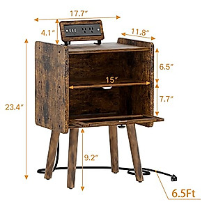 YAKANJ Small Nightstand with Charging Station,Mid Century Modern Nightstand with Rattan Decor,Night Stand End Table Side Table with 2 Tiers Storage Shelf for Small Spaces,Bedroom,Living Room-Brown