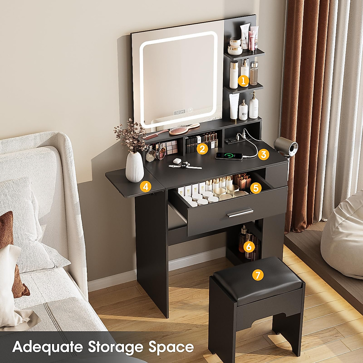 Fameill Vanity Desk with Mirror and Light, Small Vanity with Drawer & Shelves, Black Vanity with Charging Station & Time Display, Vanity Table with Storage Stool, Makeup Vanity for Bedroom